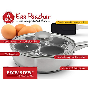 EXCELSTEEL Non Stick Easy Use Rust Resistant Home Kitchen Breakfast Brunch Induction Cooktop Egg Poacher, 4 Cups, 18/10 Stainless Steel