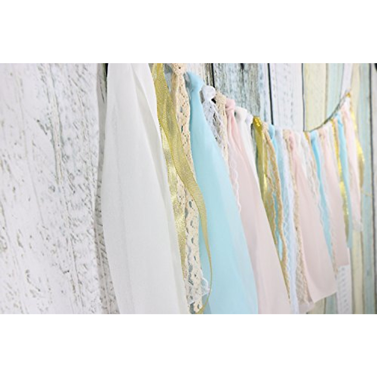 Fabric Tassel Garland Rag Tie Garland Shabby Chic Blush Banner for Wedding Decor Baby Shower Party Decor Home Decor Wall Hanging Boho Decor Birthday Banner (Pink+Gold+Blue)