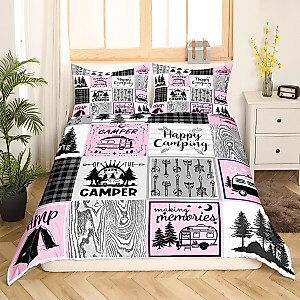 Erosebridal Girls Pink Camper Bedding Set Twin Happy Camping Comforter Cover,Rv Decor for Inside,Camper Accessories for Travel Trailers Duvet Cover,Black Grey Buffalo Plaid Pine Tree Quilt Cover