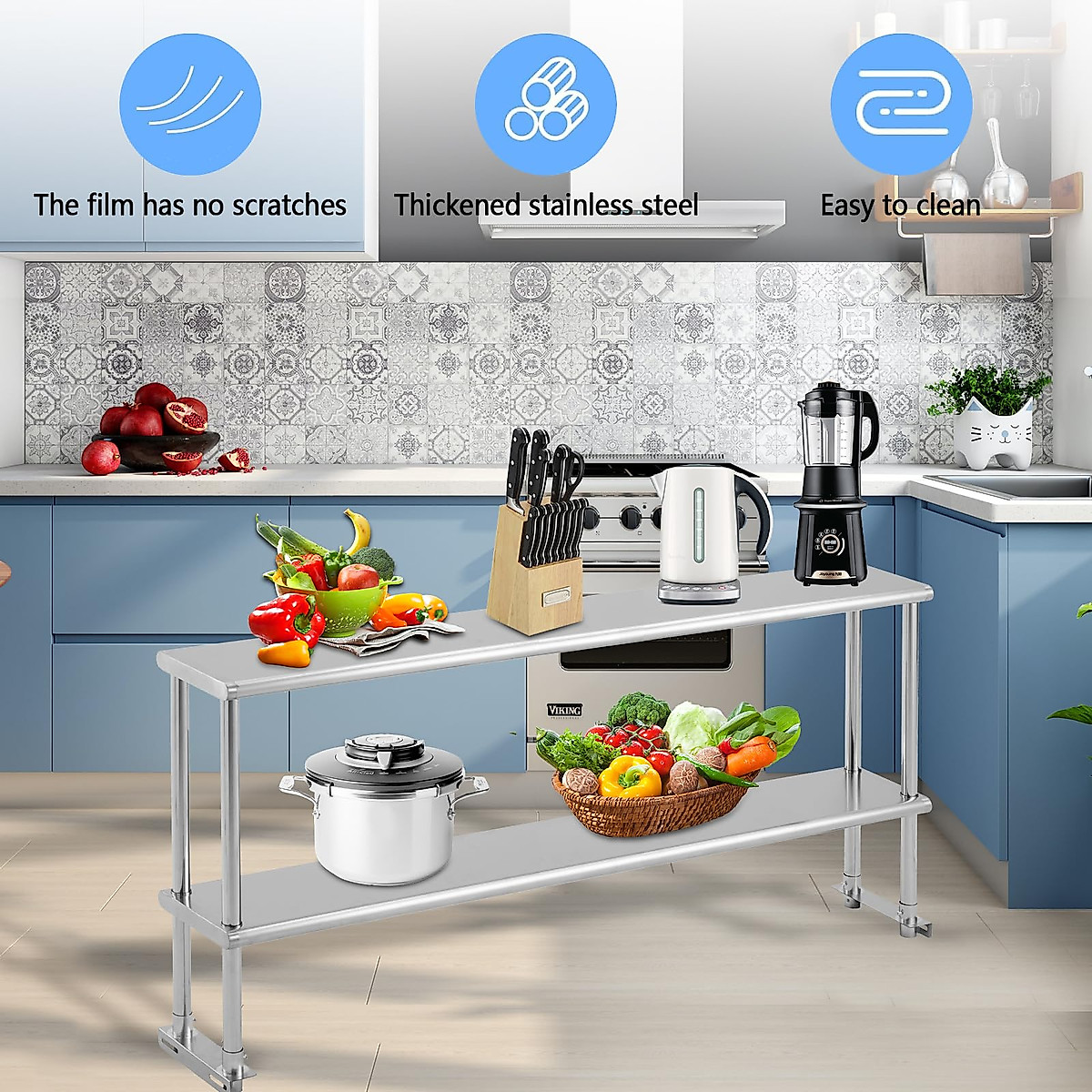 Agrestem Stainless Steel Double Shelf,72 Inch Restaurant Kitchen Shelf, Supports Up to 800 Pounds, NSF Commercial Adjustable Double Shelf 2 Tier for Restaurant, Kitchen and Workshop, Silver