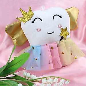 Xunboo Cute Tooth Fairy Pillow with Wings and Colorful Skirt Tooth Fairy Doll with Pocket on Back Toothfairy Keepsake Gift for Girl and Boys