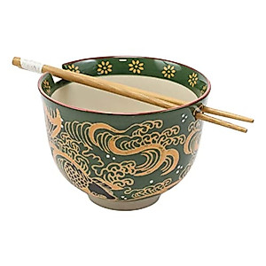 Ebros Gift Colorful Green And Yellow River Koi Fishes With Crystals Ramen Udong Noodles Bowl With Built In Chopsticks Rest and Bamboo Chopstick Set for Kitchen Dining Soup Rice Meal Bowls (1)
