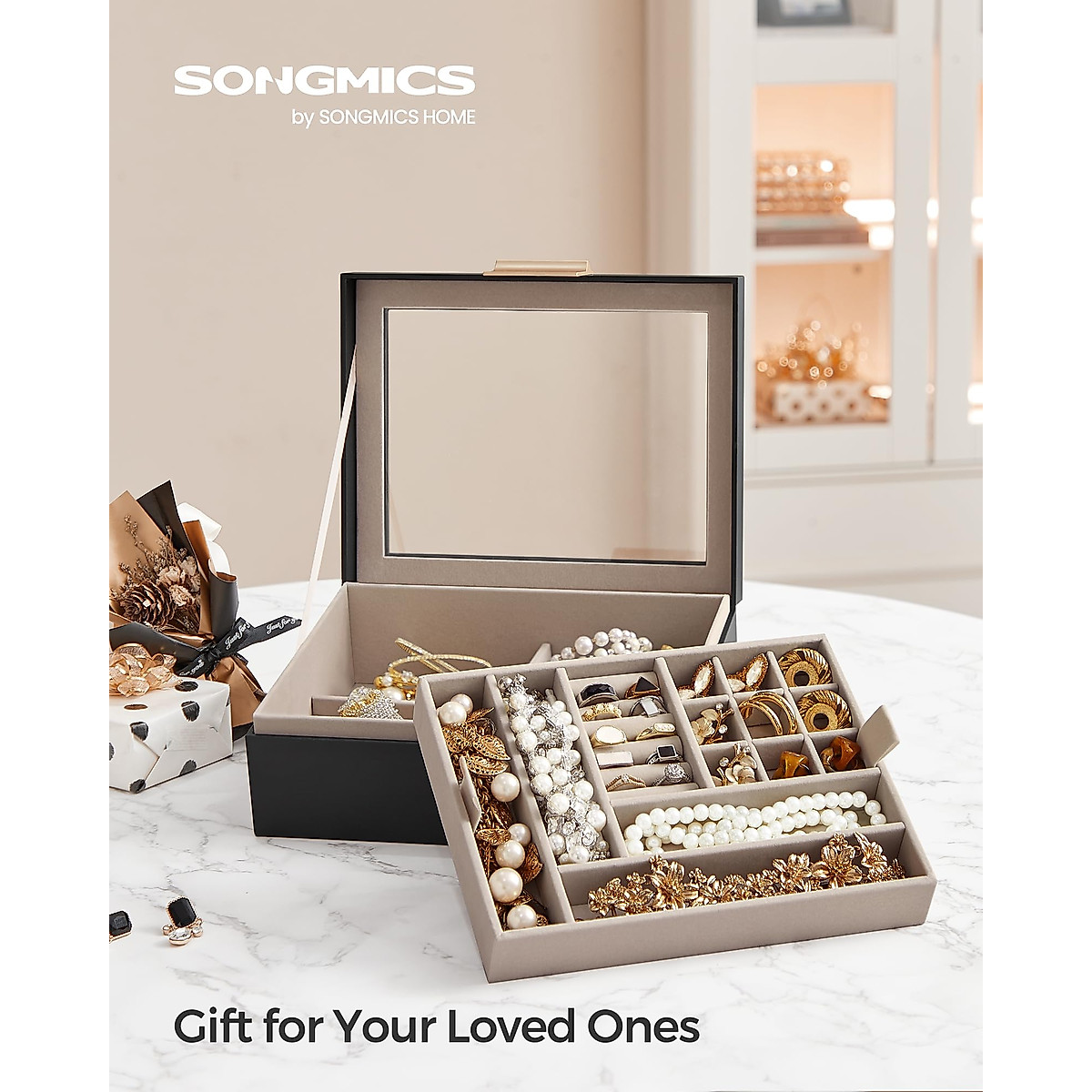SONGMICS Jewelry Box with Glass Lid, 2-Layer Jewelry Organizer with Removable Tray, Jewelry Storage, Modern Style, Gift for Loved Ones, Graphite Black and Metallic Gold UJBC238B01