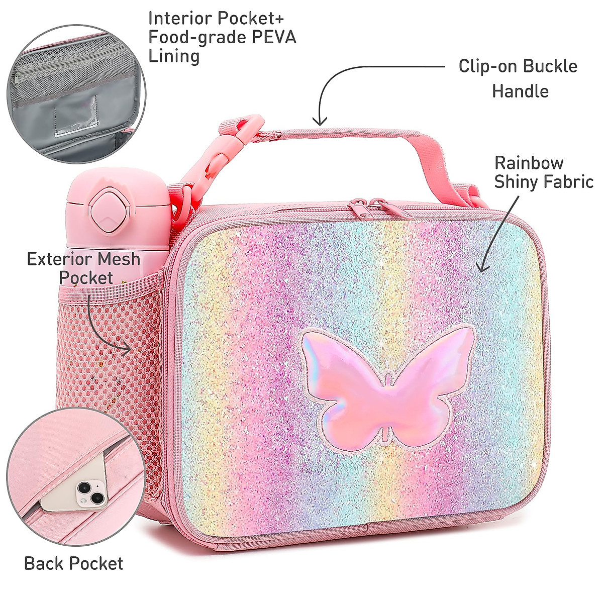 Hairao Butterfly Lunch Box for Girls kids Rainbow Lunch Bag Waterproof Thermal Insulated Cooler Bag for Girls Kids Toddlers Teens school gift