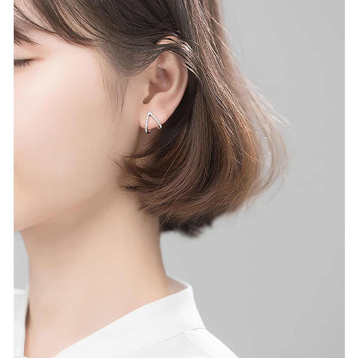 Reffeer 925 Sterling Silver CZ V Cuff Earrings Piercings for Women Teens Claw Huggie Earrings Studs (A-Silver)