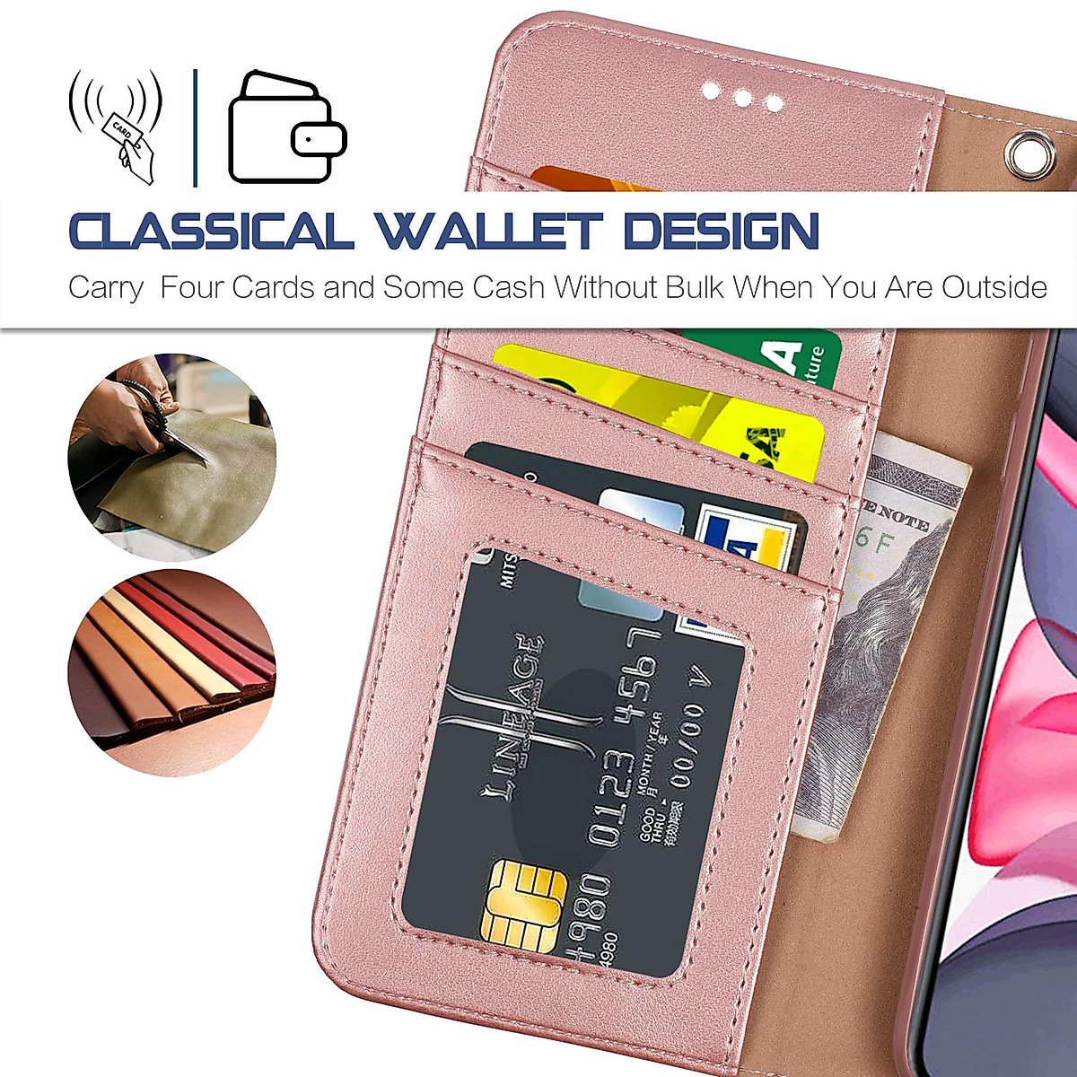 Arae Case for iPhone 11 Wallet Case Cover with Card Holder PU Leather with Wrist Strap and [4-Slots] ID&Credit Cards Pocket for iPhone 11 6.1 inch - Rosegold