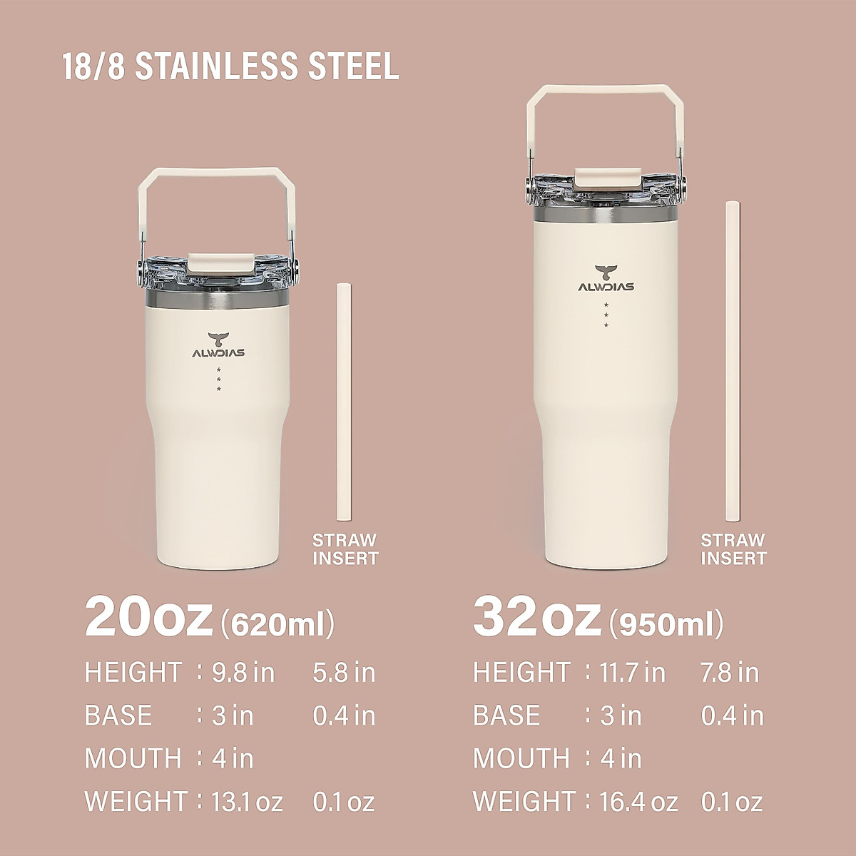 ALWDIAS Samsta Stainless Steel Tumbler with Handle and Straw | Leakproof Vacuum Insulated Water Bottle | Keep Cold 24H | Cup Holder Friendly Double Walled Travel Mug | 20 oz, White Cream