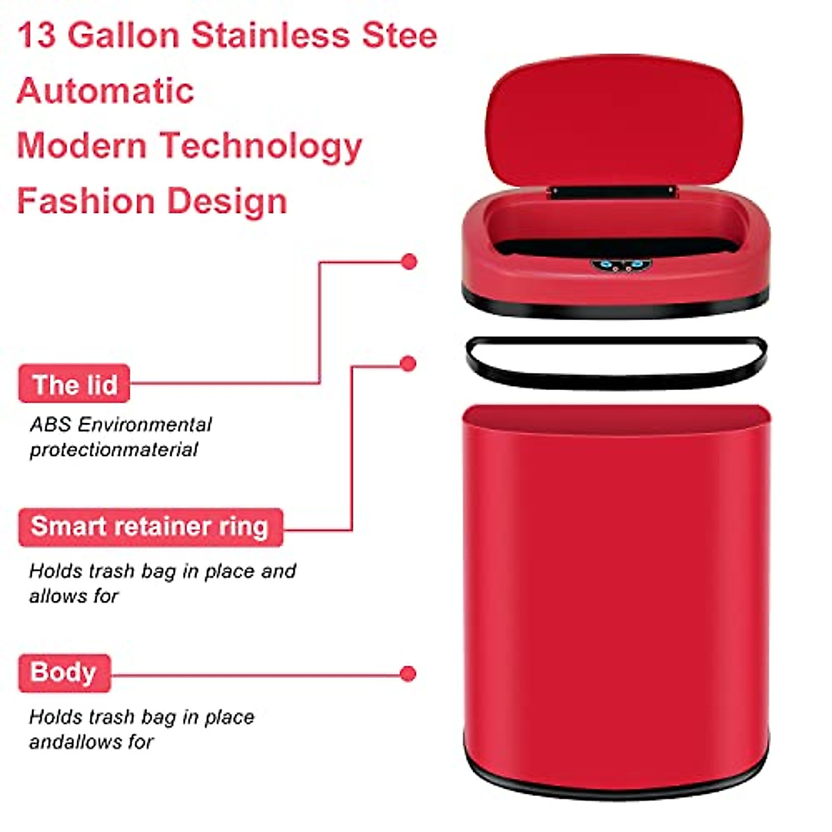 13 Gallon 50 Liter kitchen Trash Can with Touch-Free & Motion Sensor, Automatic Stainless-Steel Garbage Can, Anti-fingerprint Mute Designed Trash Bin Touchless Trash Can for Office Bedroom, Red