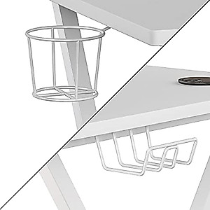 EMMA + OLIVER White Gaming Desk-Cup Holder, Headphone Hook, Monitor/Smartphone Stand