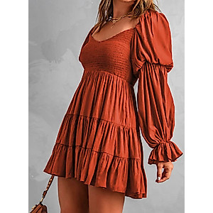 Dokotoo Women's Ladies Spring Casual Summer Dresses Casual Sexy Off The Shoulder Square V Neck Flared Long Sleeve Cute Ruffle Smocked Elegant Mini Short Birthday Dresses for Women Brown Small