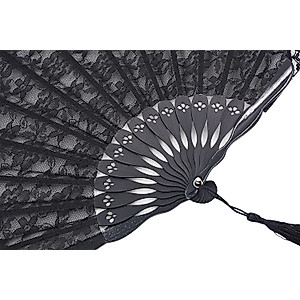 Womens Multi Color Handmade Cotton Lace Folding Hand Fan (Black-A) (Black-a)