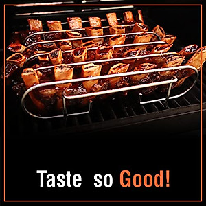 Large Rib Rack for Smoking - BBQ Rib Rack Gas Charcoal Smoker - Grilling Accessories - 304 Stainless Steel Roasting Stand With Tongs, Basting Brush Sauce Pan - Non Stick Grill Rack - Barbecue Rib Rack Holds 5 slab