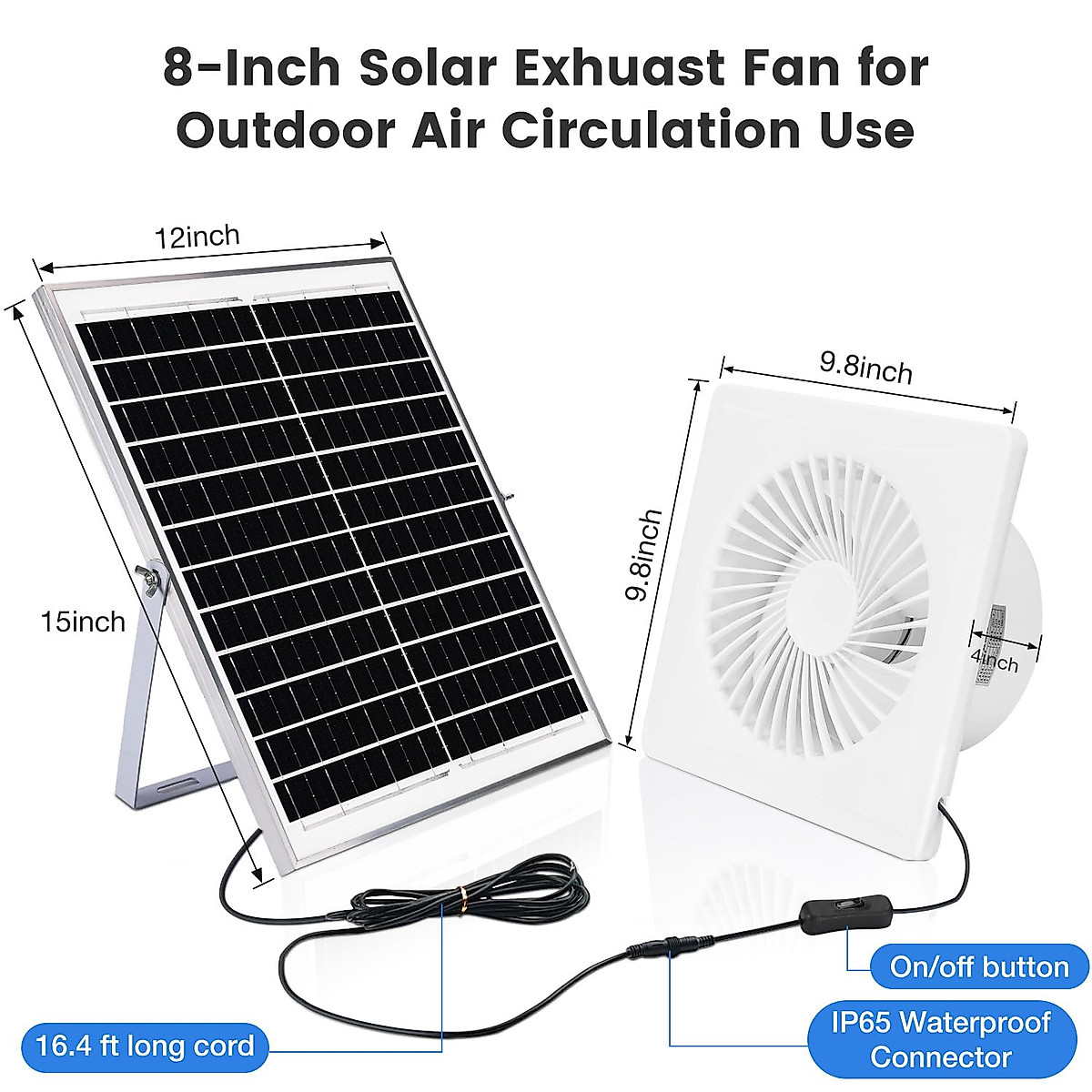 Fanspex Solar Powered Exhaust Fan, 20W Solar Panel 8" Round Vent Fan Kit for Outside Greenhouse Shed Attic Chicken Coop, 36dB Low Noise, Up to 285 CFM