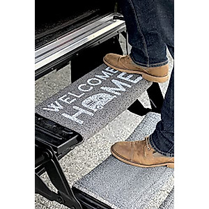 Camco 53196 Life is Better at The Campsite RV Wrap Around Step Rug, Fits 18-inch Wide Steps - for Manual and Electric RV Steps - Features a Gray Mat with a White Welcome Home Retro RV Print