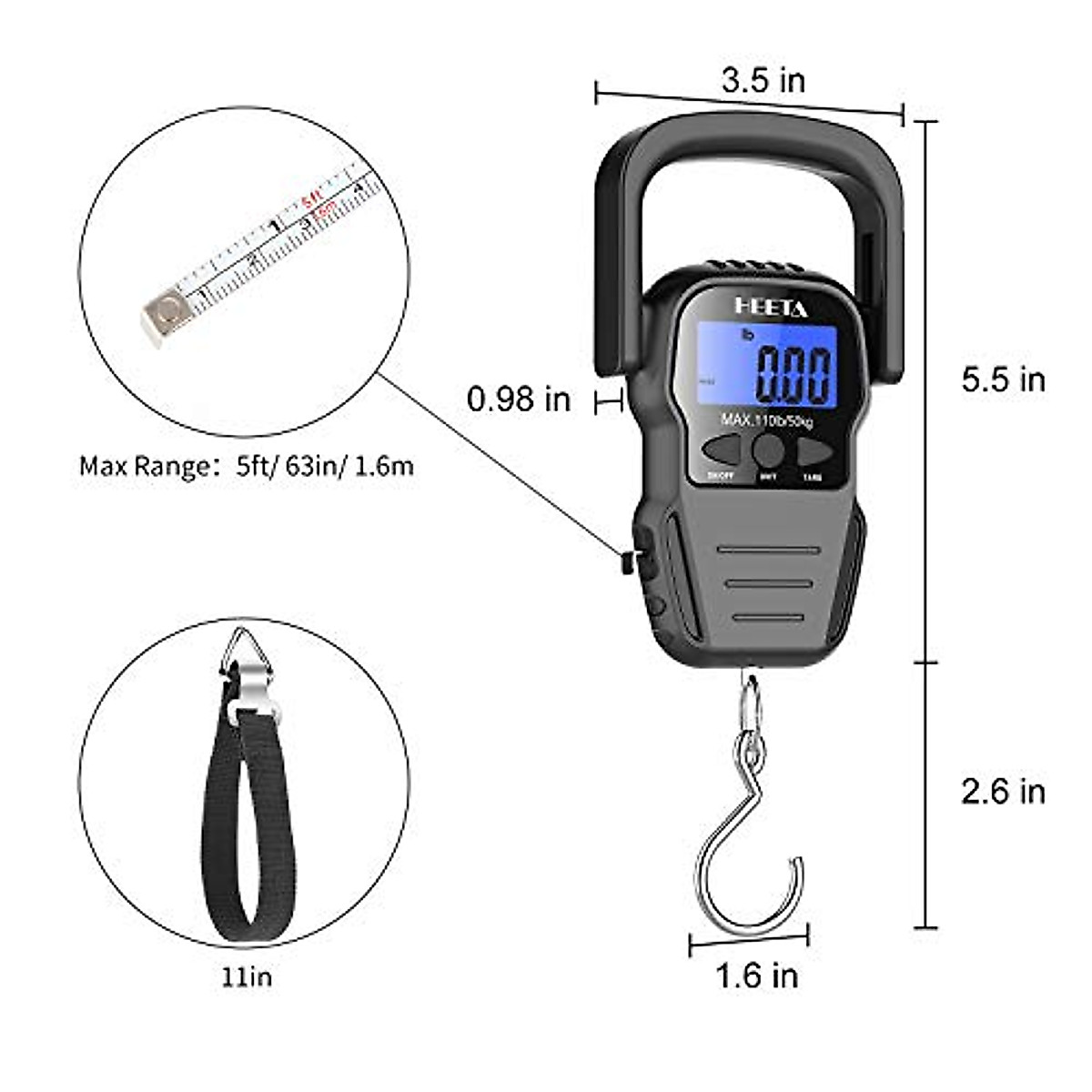 HEETA Fish Scale with Backlit LCD Display, Up to 110lb/50kg Digital Portable Hanging Fish Weight Scale with Hook & Measuring Tape for Home, Farm, Outdoor, Hunting, Fishing, 2 AAA Batteries Included