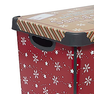 Simplify Santa’s Elves and Snowflake Design Storage Bin | Christmas Tote | Holiday Décor Decorations Organizer | Lidded | Stackable | Red