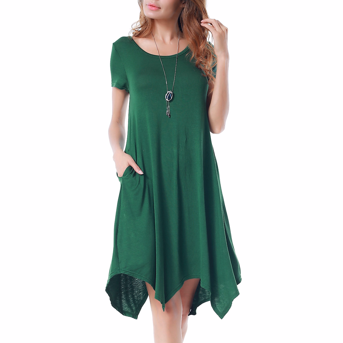Invug Women Casual Loose Soft Crewneck Short Sleeve Pockets Swing T-Shirt Zigzag Hem Dress Dark Green S