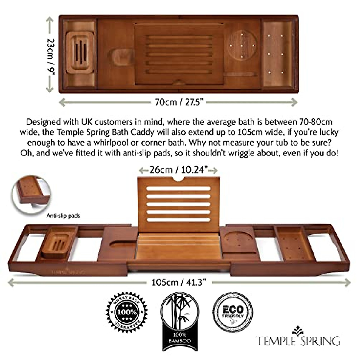 Temple Spring Bath Caddy - Extendable Bath Tray for Bathtub with Candle, Wine Glass, Book, iPad & Phone Holders - Adjustable Bath Table Shelf Over tub with Bathroom Accessories - (Wood Brown)