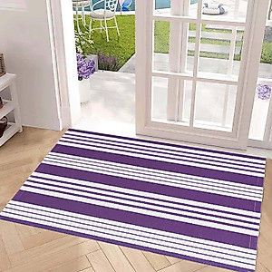 Purple and White Striped Outdoor Rug 24'' x 51''Outdoor Front Porch Rug Hand-Woven Machine Washable Indoor/Outdoor Layered Door Mats for Entryway/Bedroom/Outdoor