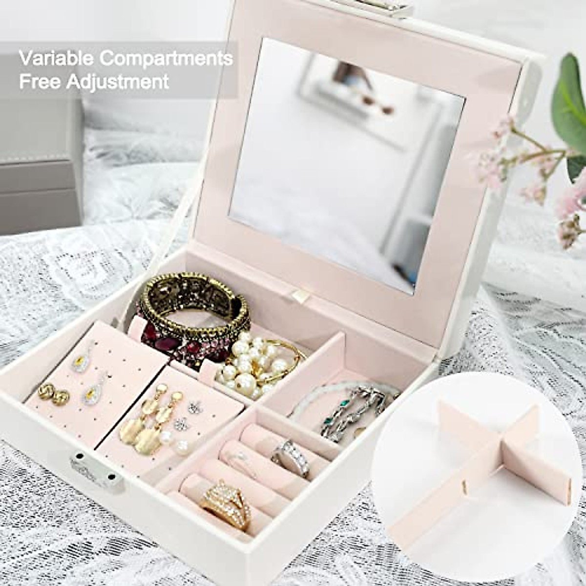 Tikea Jewelry Box Organizer for Women Girls, Portable Travel Jewelry Case with Mirror, PU Leather Jewelry Holder for Necklaces Earrings Rings Watch Christmas Birthday Gift White