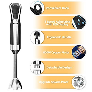 Immersion Blender 4 in 1 with LED Display 8 Speed Hand Blender ,Powerful 800W,Stainless Steel Blades ,with Whisk,600ML Beaker and 500ML Chopper,Storage Bracket (1.5m-Cable)BPA Free
