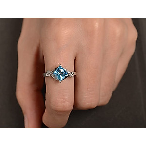 LUO 925 Sterling Silver Swiss Blue Topaz Ring Kite Set Square Cut 7X7 MM Engagement Ring for Women US Size 5