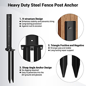 2 Pack Fence Post Anchor Kit, Heavy Duty Steel Fence Post Repair Stakes, Fence Post Anchor Ground Spike for Repairing Tilted Broken Wooden Fence Post, Black