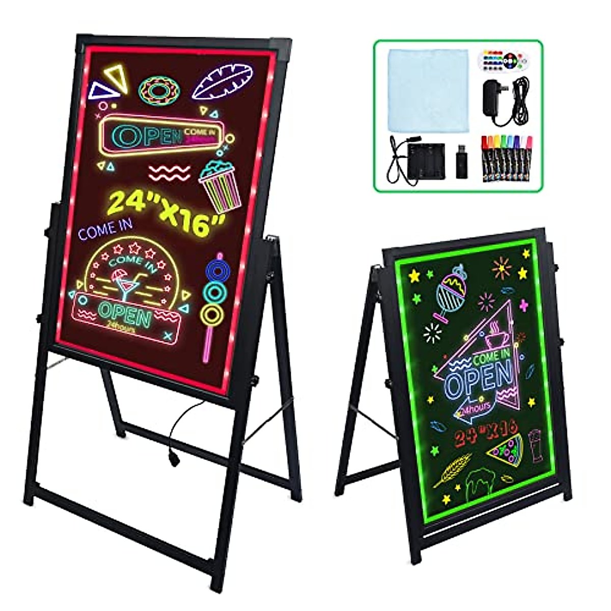 Hosim Standing A-Frame LED Message Writing Board, 24” x 16" Illuminated Erasable Neon Effect Restaurant Menu Sign, Flashing Mode DIY Message Chalkboard for Kitchen Wedding Promotions
