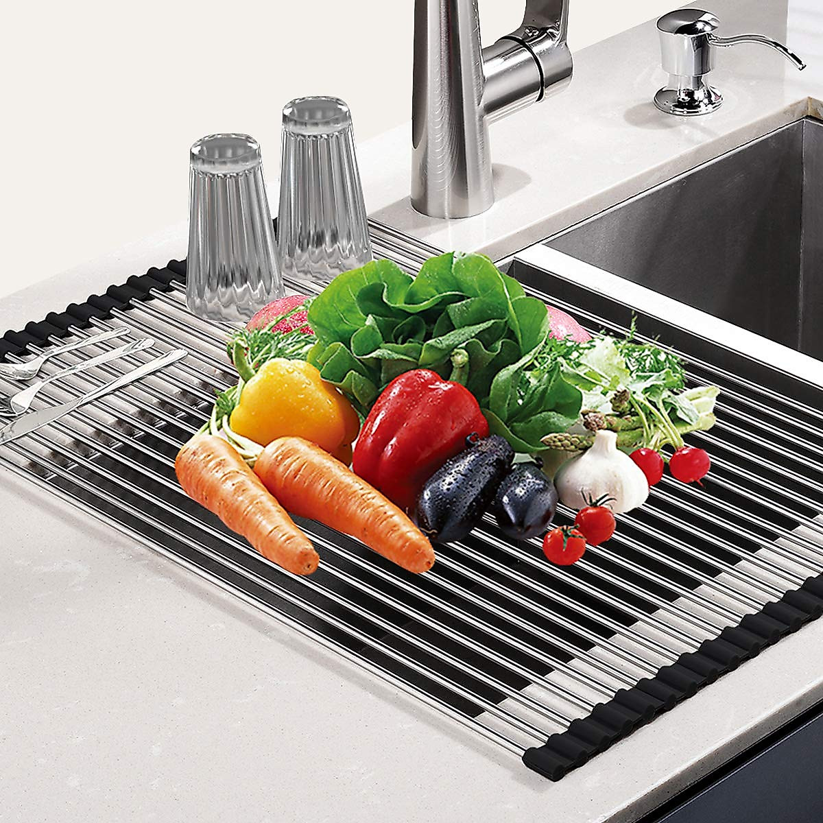 Roll Up Dish Drying Rack, Over The Sink Dish Drying Rack Kitchen Rolling Dish Drainer, Foldable Sink Rack Mat Stainless Steel Wire Dish Drying Rack for Kitchen Sink Counter (17.8"x11.8")