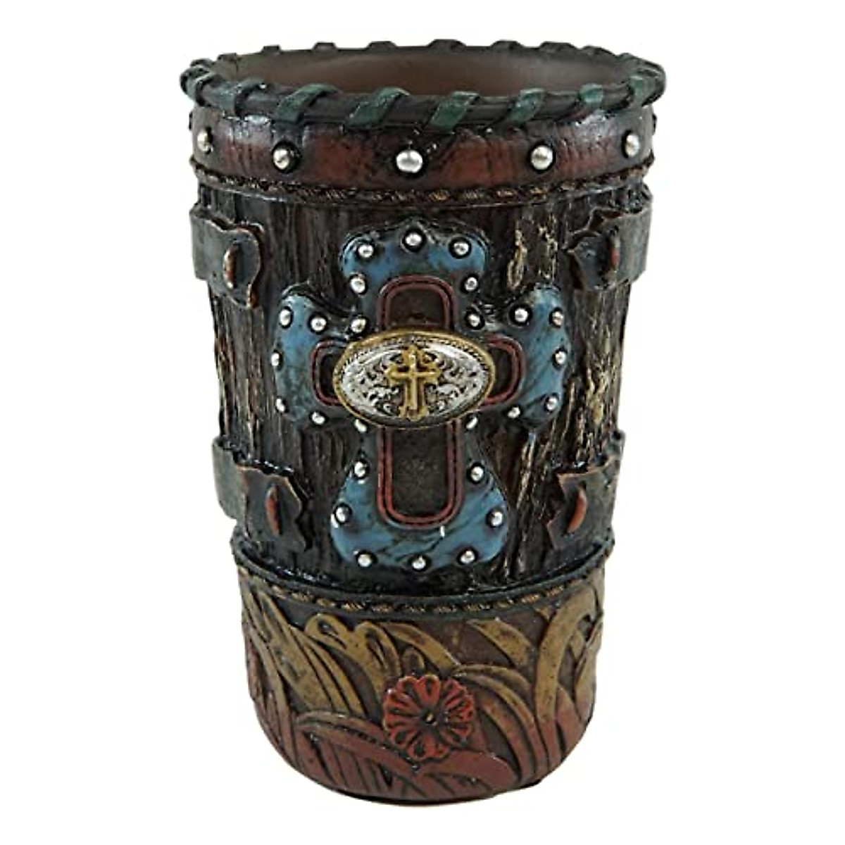 Ebros Gift Rustic Western Old World Country Blue Cross with Concho and Nailheads in Faux Distressed Wood Finish with Floral Patterns (Tumbler Cup, Soap Dish and Toothbrush Holder Set of 3)