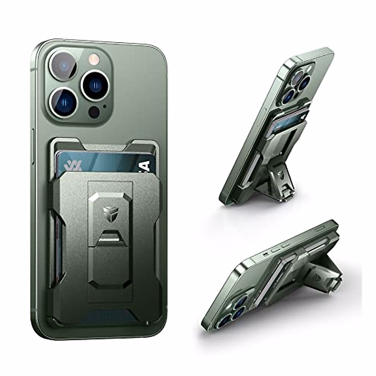 Dexnor Phone Card Holder with Foldable Back Stand, Adhesive Phone Wallet Pouch Sleeve Stick on PC Credit Card ID Case with Finger Grip Kickstand for Most Smartphones (Green)