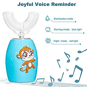 Sunartec Kids Musical U Shaped Toothbrush, Ultrasonic Electric Toothbrushes for Kids 2 Brushing Modes and 1 Gums Care 360° Sonic Toothbrushes for Child 4 Brushheads (Purple and Blue Random)