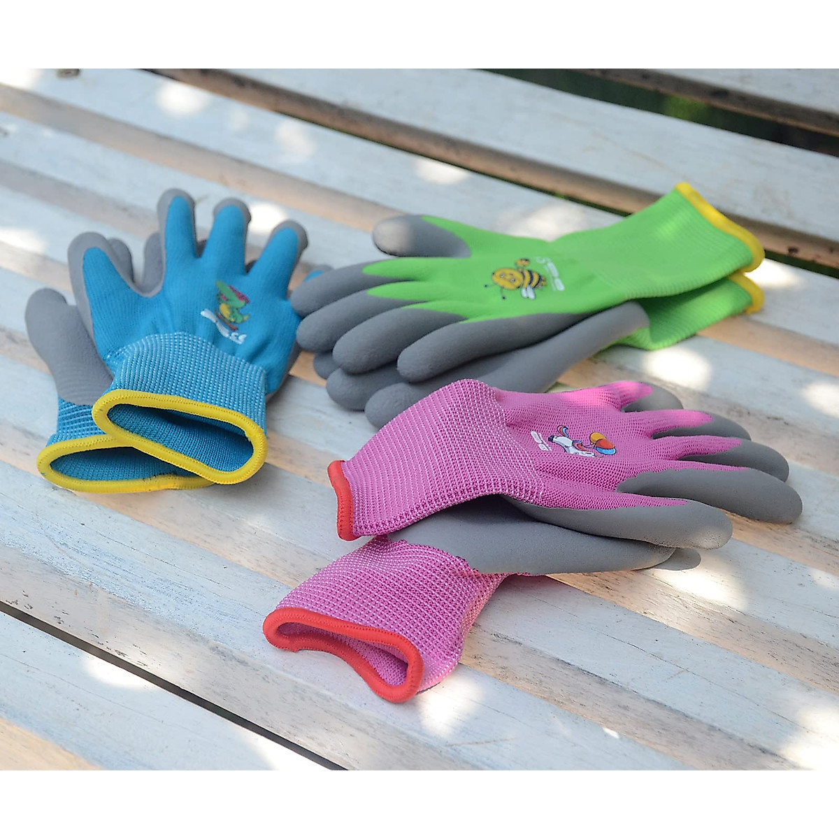 KDK Ages 5-7 Kids Gardening Gloves,Yard Work Gloves for Toddlers, Youth, Girls, Boys, Childrens, Soft Safety Rubber Gloves (XXS Age 5-7, 3 Pairs Green, Blue&Pink)