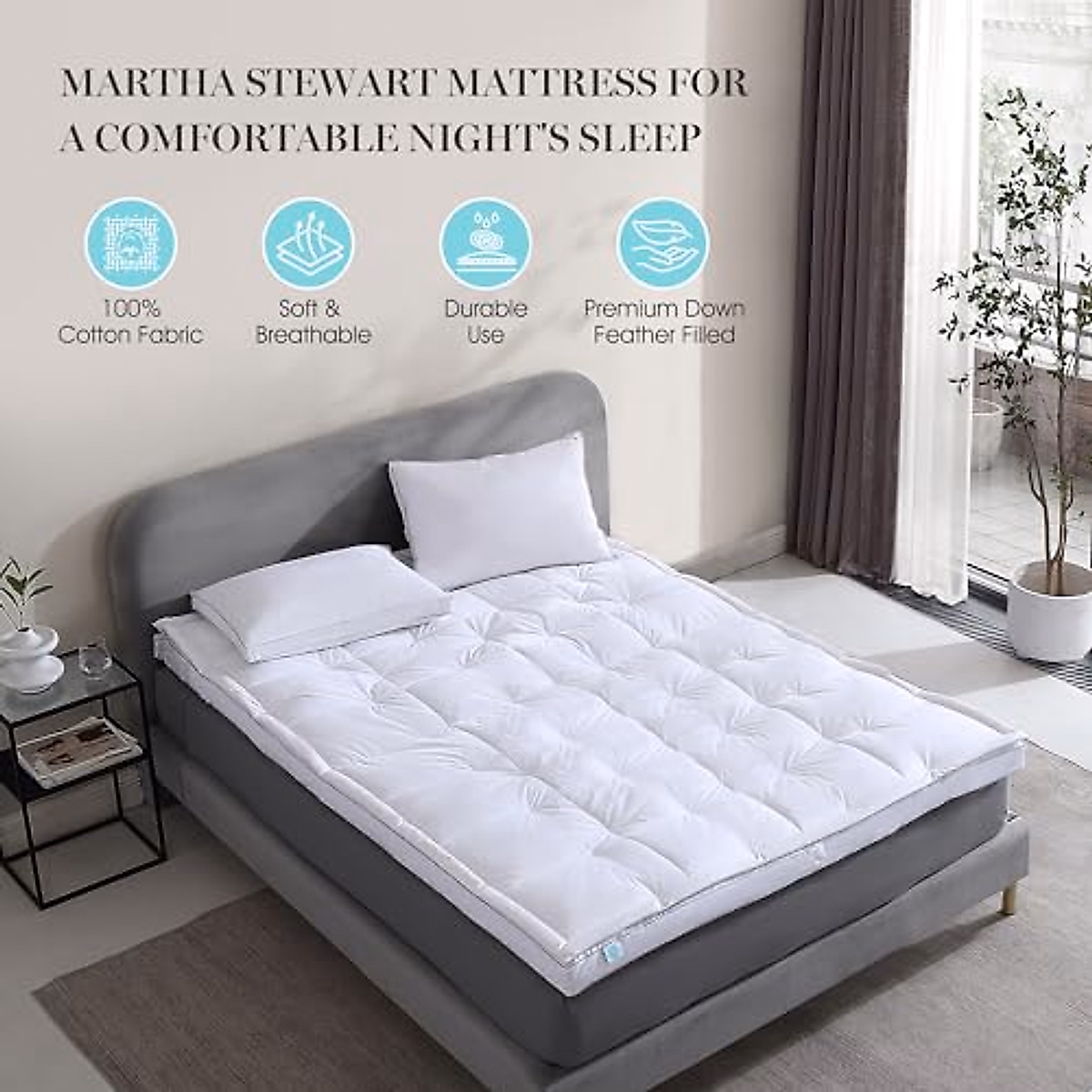 Martha Stewart Mattress Topper King Size - 3 Inch Feather Bed 100% Cotton Cover Fabric- All Seasons Fluffy White Mattress Pad Feather Topper Relieve Back Pain for Bedroom