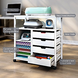 TC-HOMENY Craft Organizer Storage Cart, Rolling Cart Organizer, Vinyl Roll Holder and Cutting Machine Storage Cabinet, Craft Cart with Drawers for Craft Room Organizer 32" W x 16" D x 34" H
