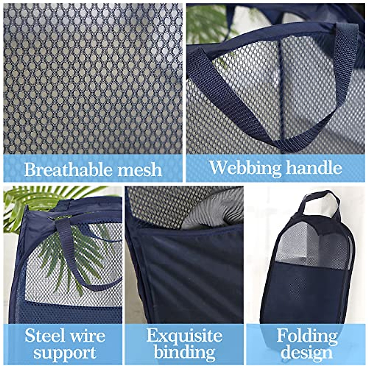 6 Pcs Mesh Popup Laundry Hamper (Black/White/Blue),Popup Laundry Basket with Durable Handles,Foldable Pop-up Mesh Hamper Dirty Clothes Basket for Kids Room, College Dorm or Travel