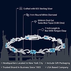Gem Stone King 925 Sterling Silver Swiss Blue Topaz and Diamond Greek Vine Tennis Bracelet For Women (5.08 Cttw, Gemstone Birthstone, 7 Inch)