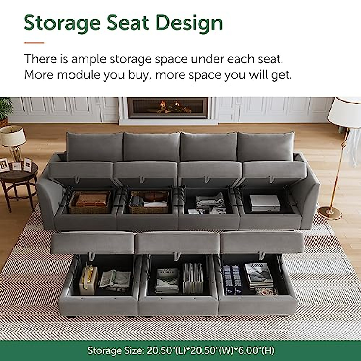 HONBAY Modular Sectional Sofa Velvet U Shaped Couch with Ottomans Convertible Sectional Couch 7 Seater Sofa with Storage Seat, Grey
