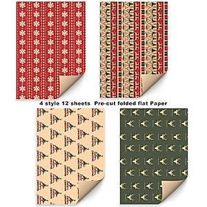 PlandRichW Christmas Wrapping Paper 12 Sheets of Folded Brown Kraft Paper with Red and Green, Greetings, Snowflakes, Reindeer, Christmas Tree Elements Series, 20 X 29 Inches Each