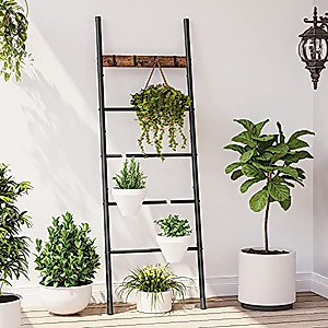 HOOBRO Blanket Ladder, 5-Tier Ladder Shelf, Wall-Leaning Rack, Decorative Ladder with 4 Removable Hooks, for Bathroom, Metal Frame, Rustic Brown BF61CJ01