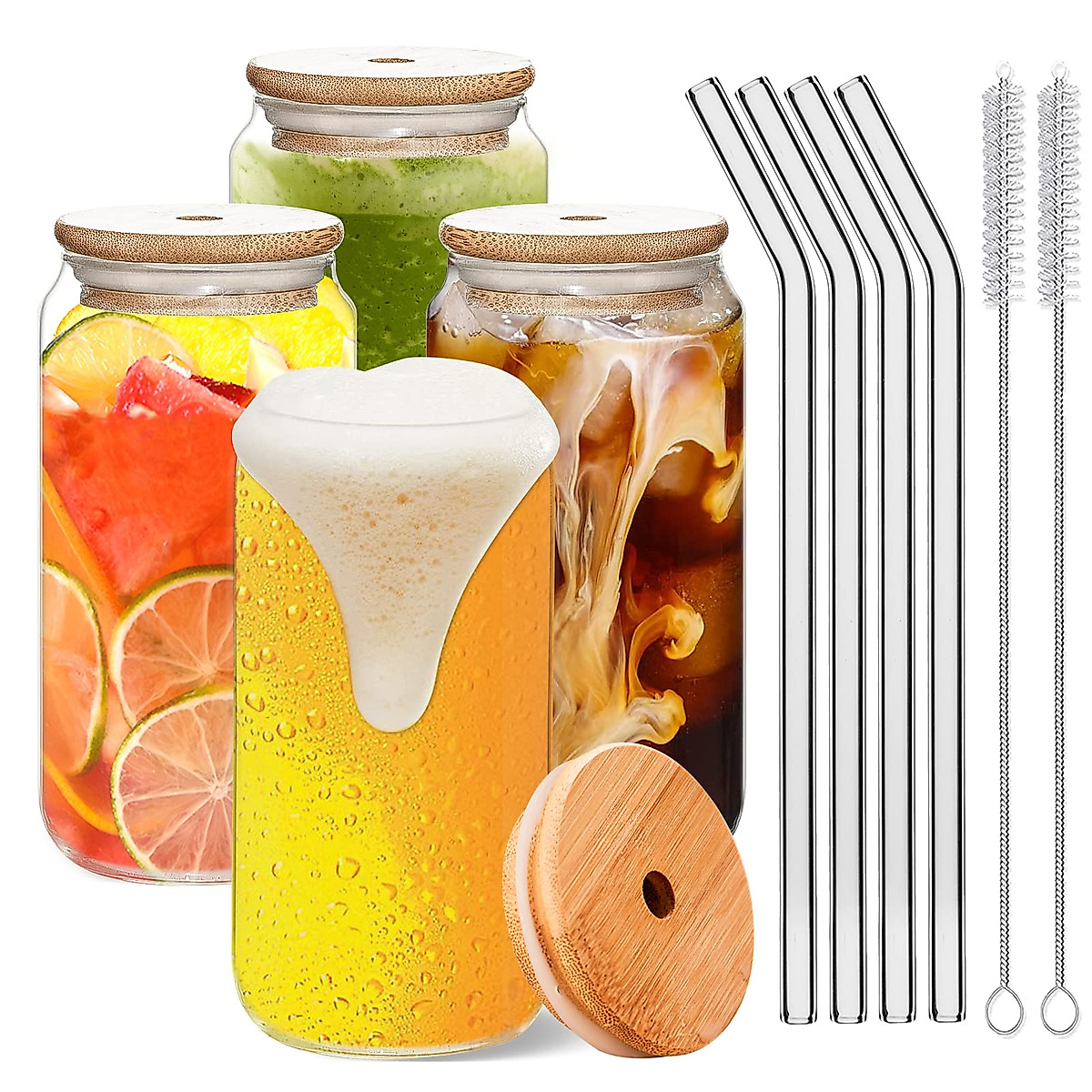 Yirilan 4pcs Glass Cups with Lids and Straws - 16 oz Glass Cups with Bamboo Lids, Iced Coffee Cup, Drinking Glasses, Clear Glass Cups- 2 Cleaning Brushes