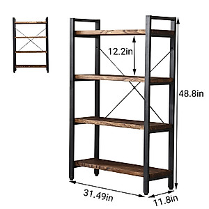 WH-AOERPUMY Solid Wood Bookshelf,4 Tier Rustic Vintage Industrial Etagere Bookcase, Open Metal and Wood Vintage Book Shelf, Retro Brown (Real Wood)(4-Tier)