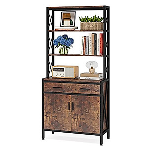LITTLE TREE 4-Tier Bookshelf Bookcase with Drawer, Tall Industrial Etagere Book Shelves Storage Cabinet for Living Room, Home Office, Rustic Brown
