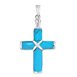 AeraVida Christian Cross Simulated Blue Turquoise Inlay .925 Sterling Silver Pendant