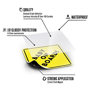 ASSURED SIGNS Baby On Board MAGNET for Car - 2 Pack, 5" by 5" - Essential Magnetic Sticker Sign for Bumper - Bright Yellow and Reflective - Best Safety Sign Accessories for Cars