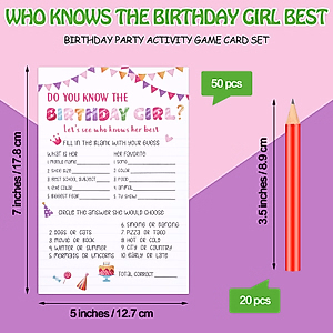50 Sheets Who Knows The Birthday Girl Game Cards Birthday Girl Party Game Cards with 20 Pieces Pre Pointed Wood Pencils Notebook Themed Party Activity Card for Sleepover Slumber Party Supplies