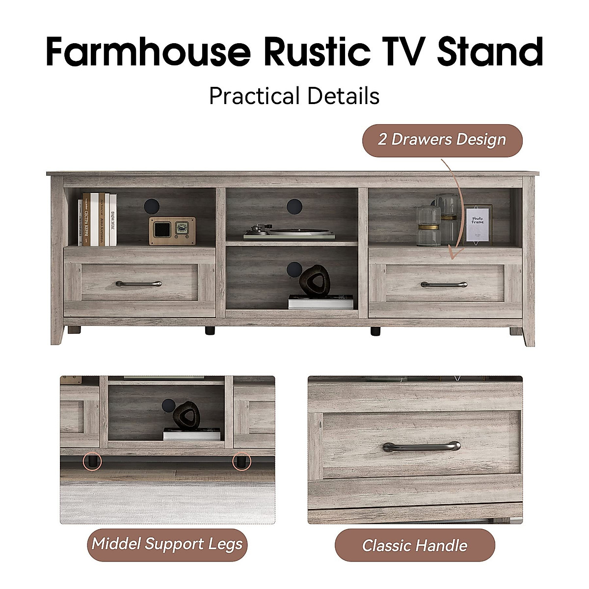 SAINTCY TV Stand for TVs up to 80", Large Television Stands with Drawers for Living Room, Farmhouse Entertainment Center with Storage and Shelves, TV Console Cabinet Furniture for Bedroom (Grey)