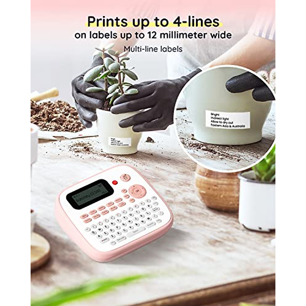 Pink Label Maker Machine with Tape D210S Portable Labeler Label Printer for Labeling with 4 Laminated Label Tapes JM231, QWERTY Keyboard Label Maker, AC Adapter Easy-to-Use, Multiple Line Labeling