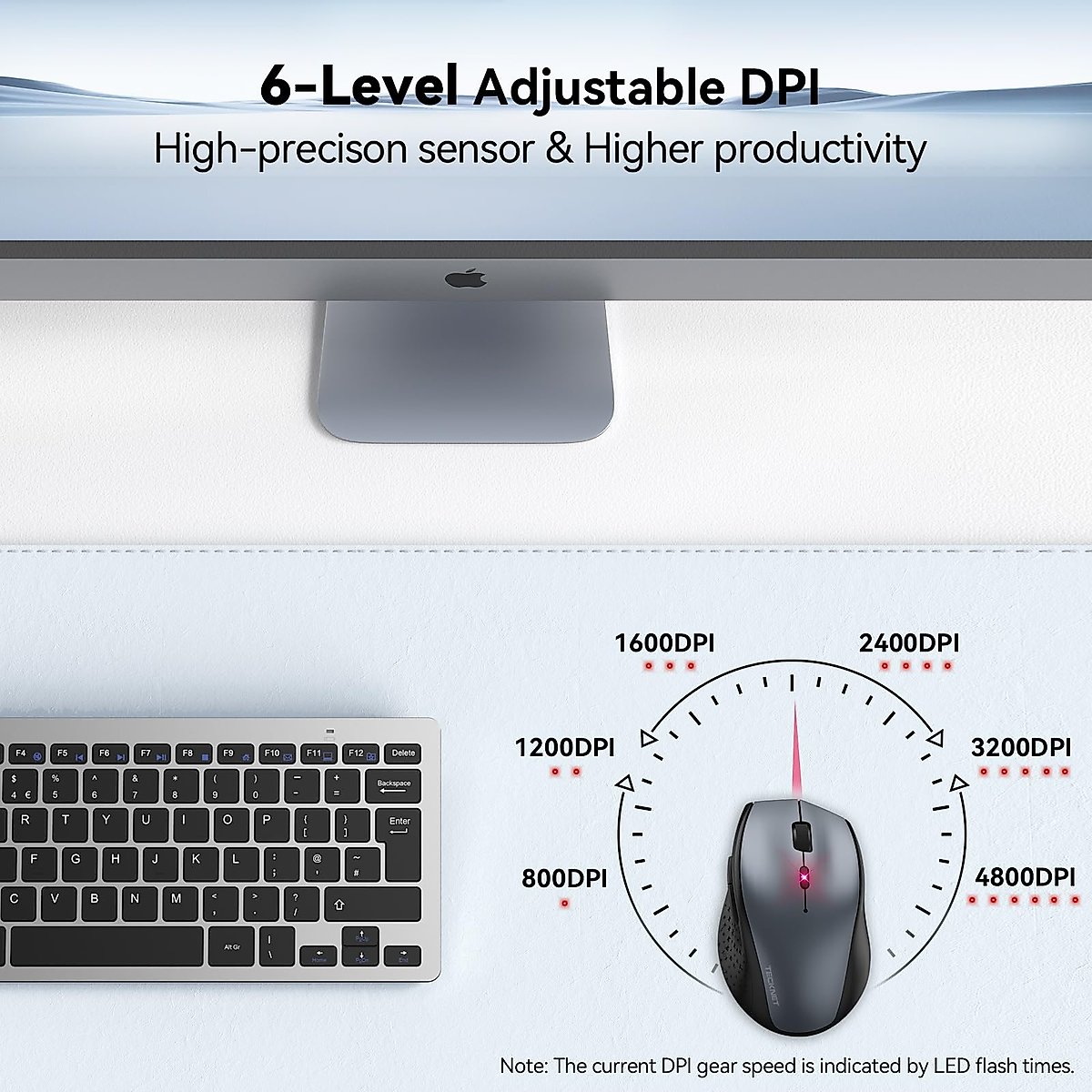 TECKNET Wireless Mouse, 2.4G USB Computer Mouse with 6-Level Adjustable 4800 DPI, 30 Months Battery, Ergonomic Grips, 6 Buttons Portable for PC, Chromebook, Mac - Grey