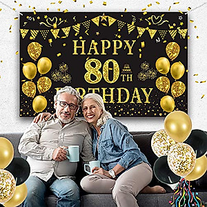 Trgowaul 80th Birthday Backdrop Gold and Black 5.9 X 3.6 Fts Happy Birthday Party Decorations Banner for Women Men Photography Supplies Background Happy Birthday Decoration